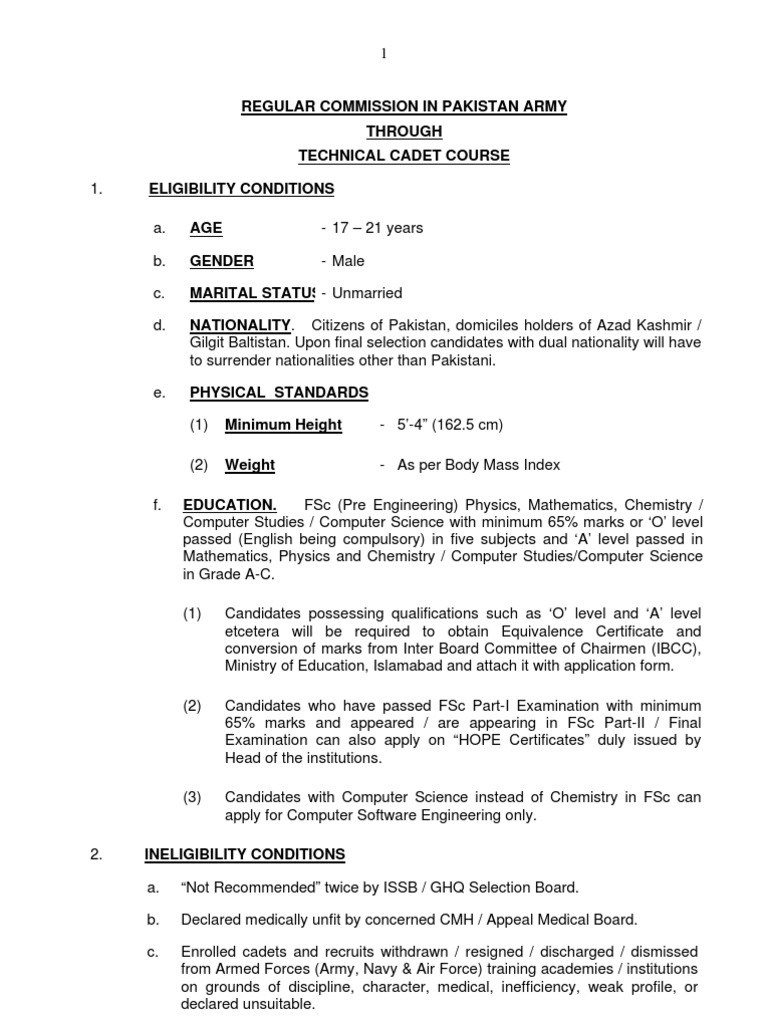 Eligibility Criteria For Joining Pakistan Army Through Technical Cadet ...