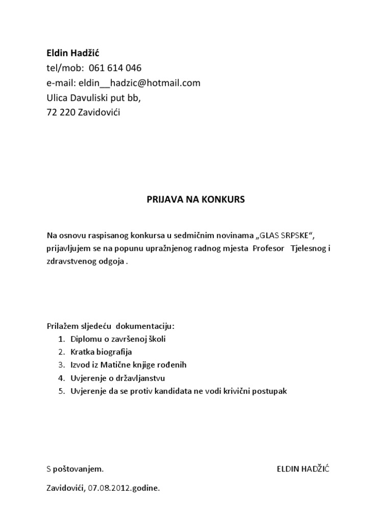 Prijava Na Konkurs | PDF