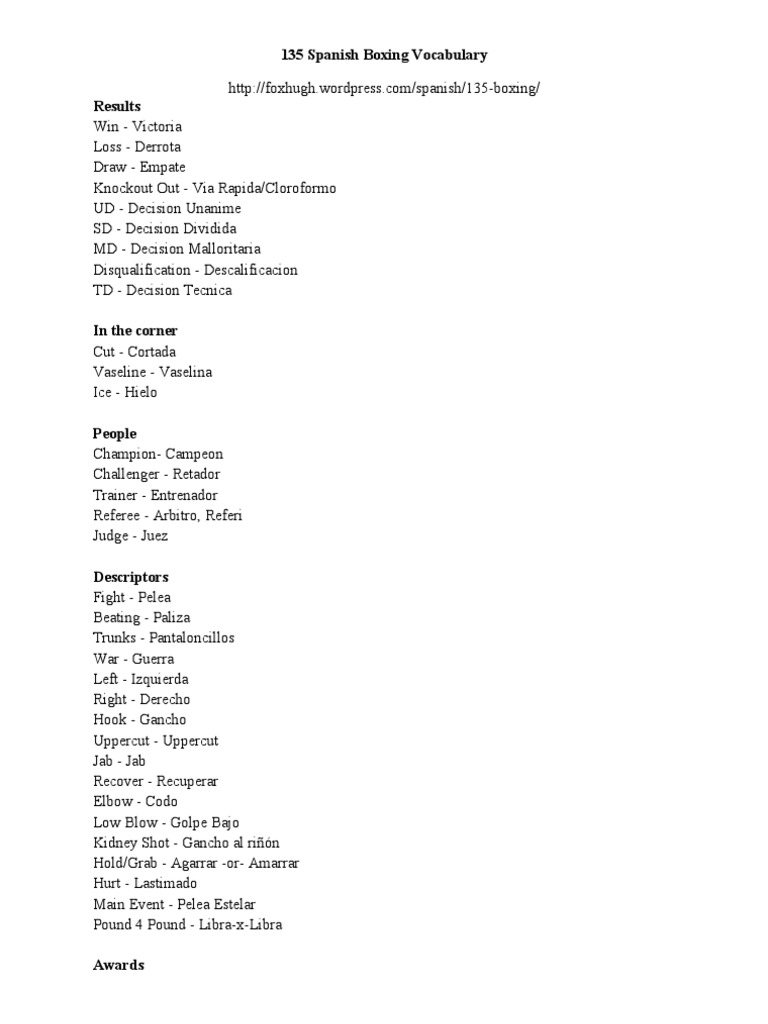 Spanish Boxing Vocabulary Guide | PDF