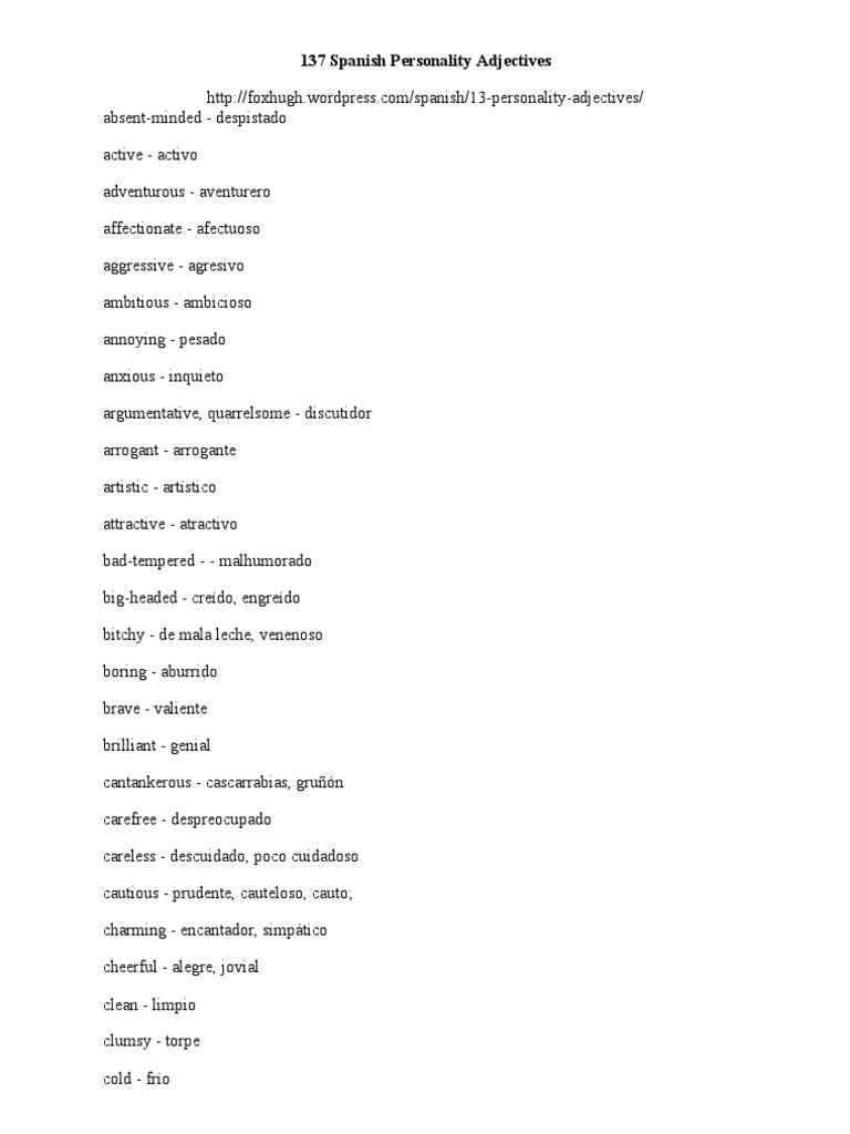 137 Spanish Personality Adjectives | PDF