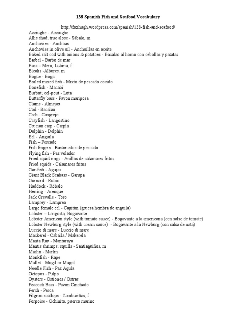 Spanish Fish and Seafood Names Guide | PDF | Seafood | Fish
