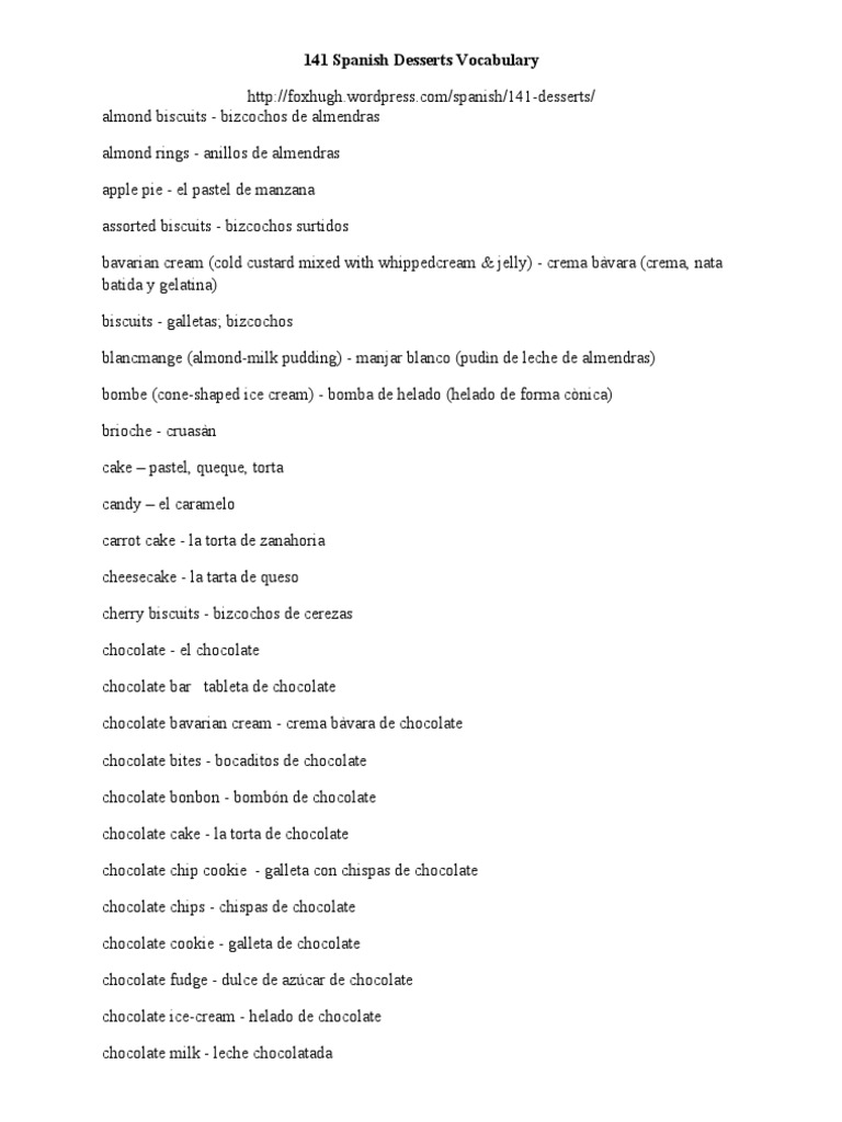 141 Spanish Desserts Vocabulary | PDF | Desserts | Chocolate