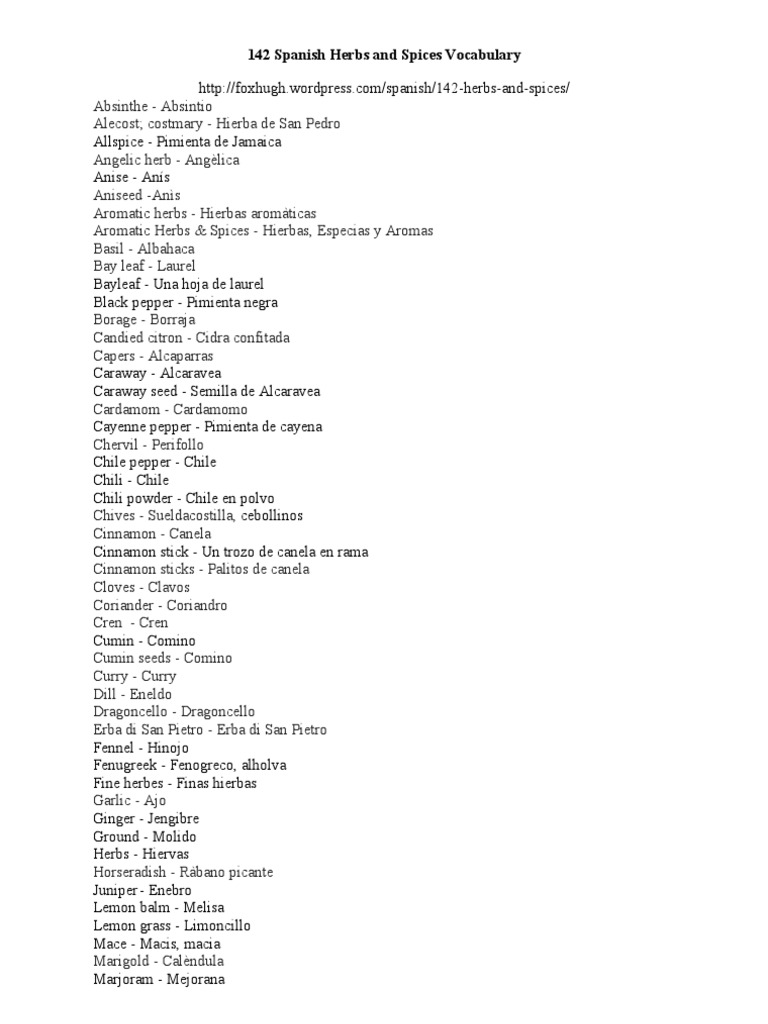 142 Spanish Herbs and Spices Vocabulary | PDF