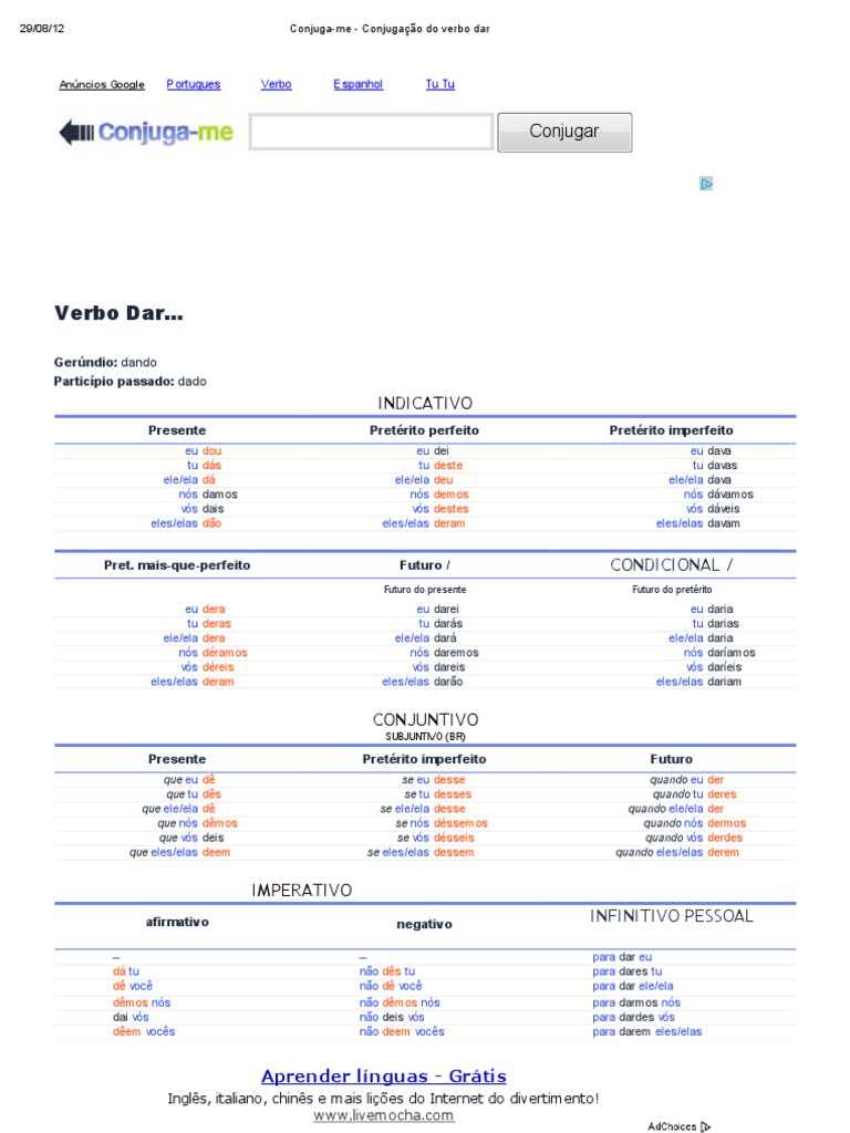 Conjuga-Me - Conjugação Do Verbo Dar | PDF | Filologia | Artes ...
