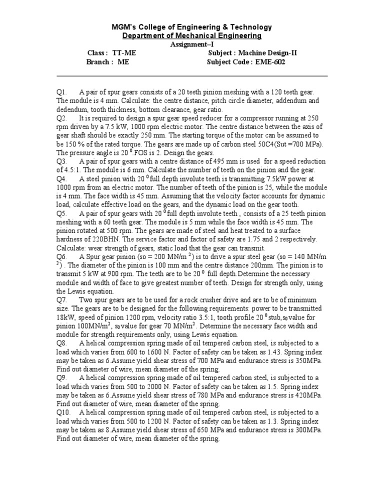Assignment 1 - Machine Design | PDF | Gear | Physics
