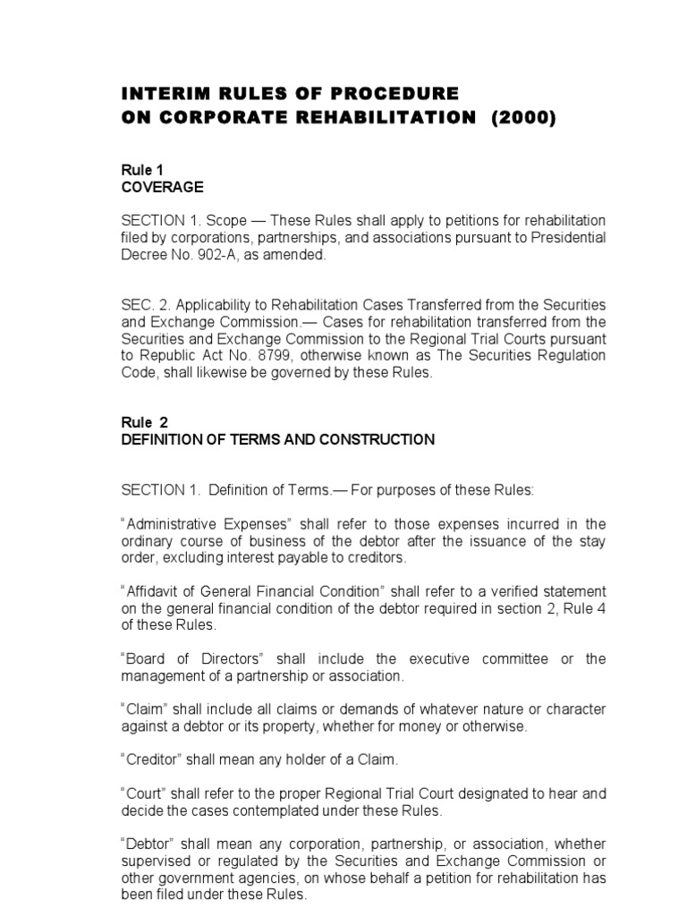 Interim Rules of Procedure On Corporate Rehab | PDF | Pleading | Debt