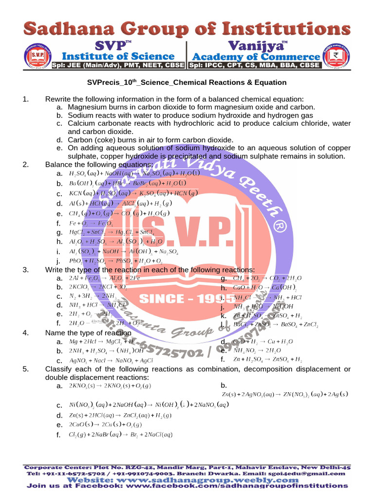 Svprecis 10th Science Chemical Reactions Equation | PDF