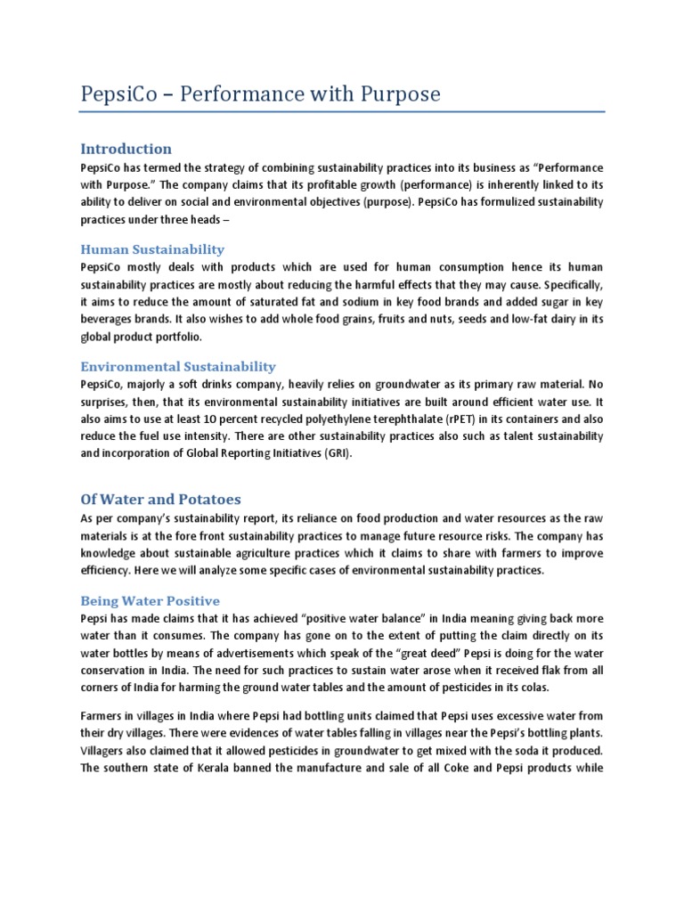 PepsiCo's Performance with Purpose Strategy | PDF | Pepsi Co | Water ...