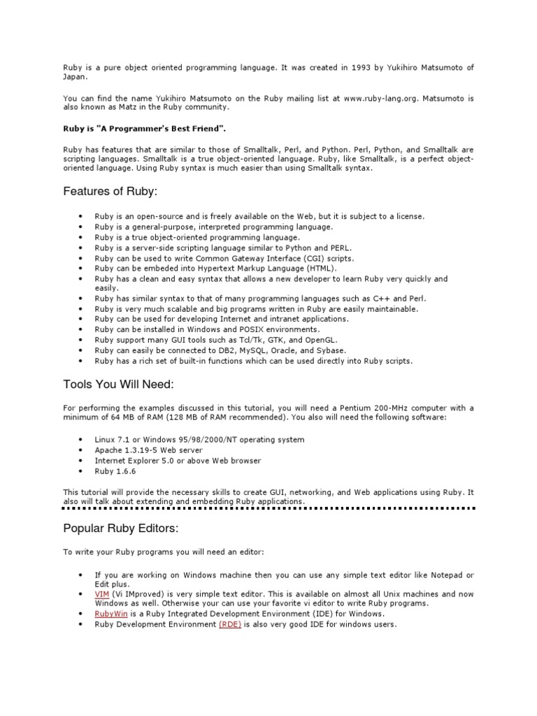 Ruby Is A Pure Object Oriented Programming Language Pdf Class Computer Programming Ruby