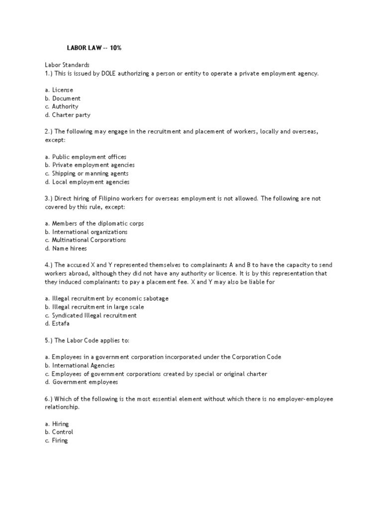 Labor Law (MCQ Reviewer) | PDF | Apprenticeship | Parental Leave