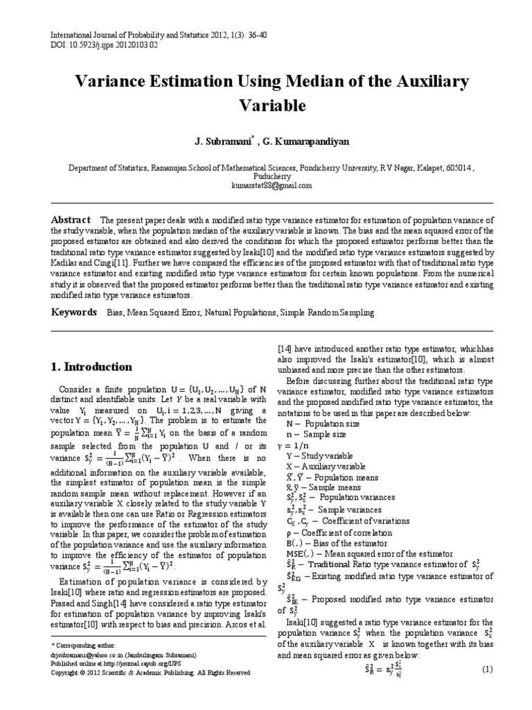 10.5923.j.ijps.20120103.02 Variance Estimation Using Median of The Auxiliary Variable | PDF ...