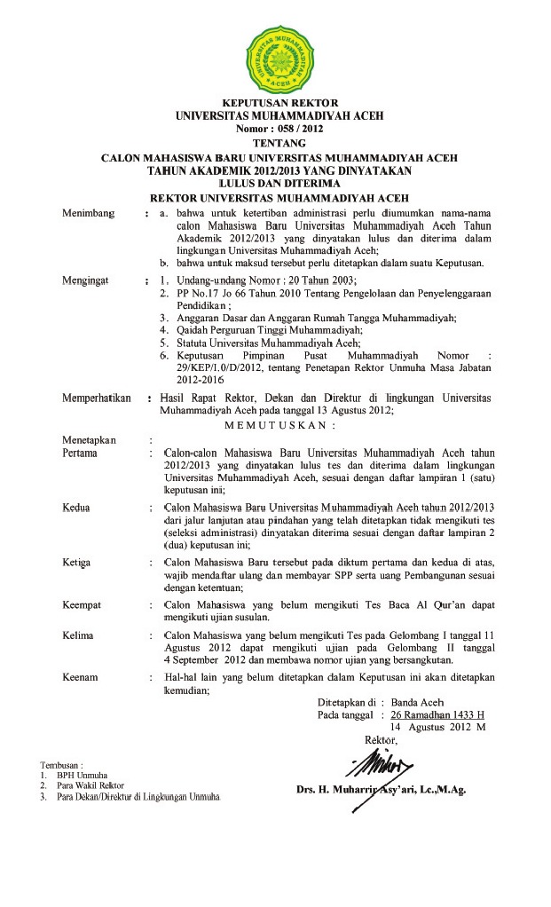 Surat Keputusan Rektor UNMUHA Tentang Calon Mahasiswa Baru Universitas ...