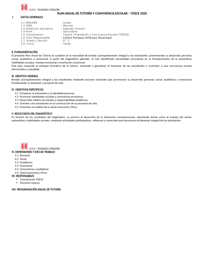 PLAN TUTORIAL DE AULA 2026-5°J | PDF | Violencia | La sexualidad humana