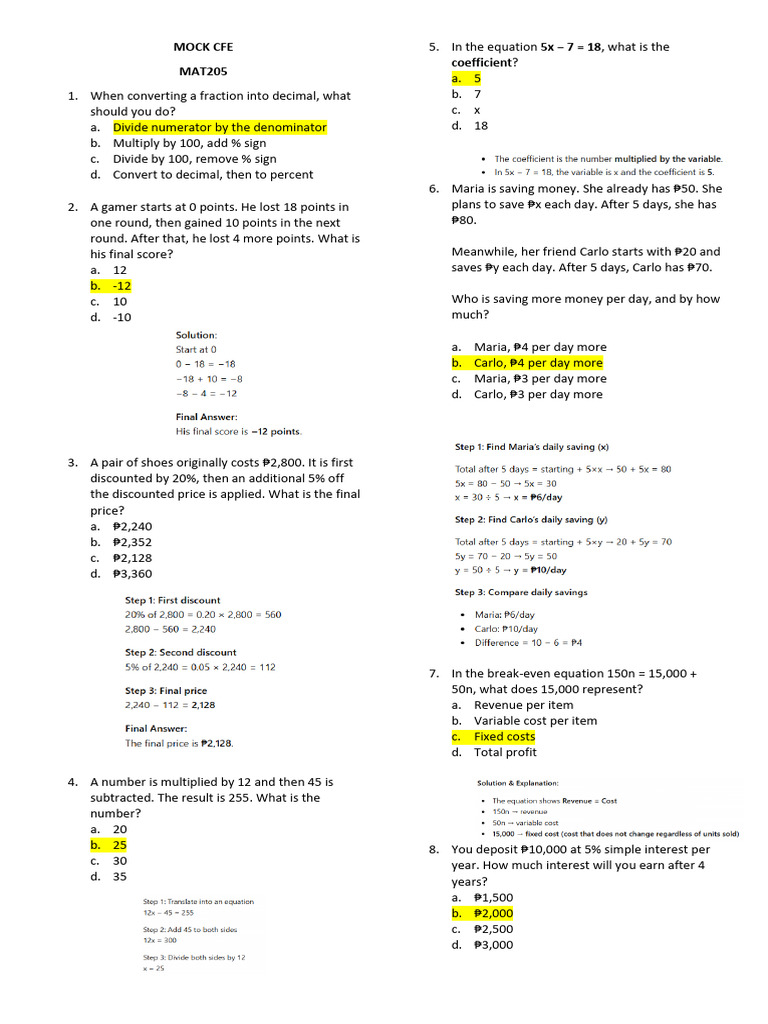Mat 205 Mock Cfe Answer Key | PDF | Interest | Present Value