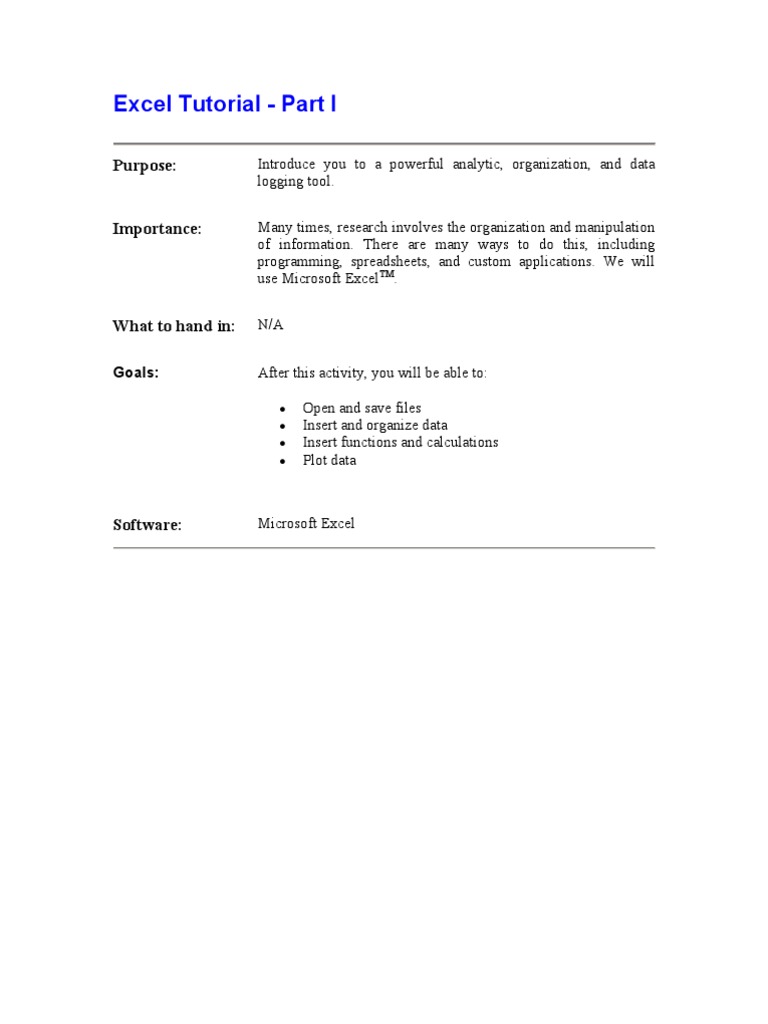 Excel Tutorial - Part I: Purpose | PDF | Spreadsheet | Microsoft Excel