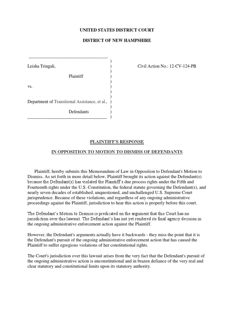 Plaintiff's Response - Motion to Dismiss | Fourteenth Amendment To The ...