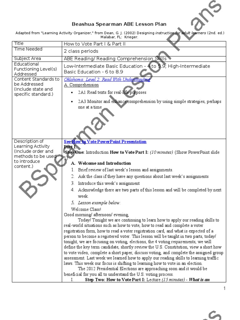ABE / ESL Citizenship Lesson Plan | PDF | Voting | Reading Comprehension