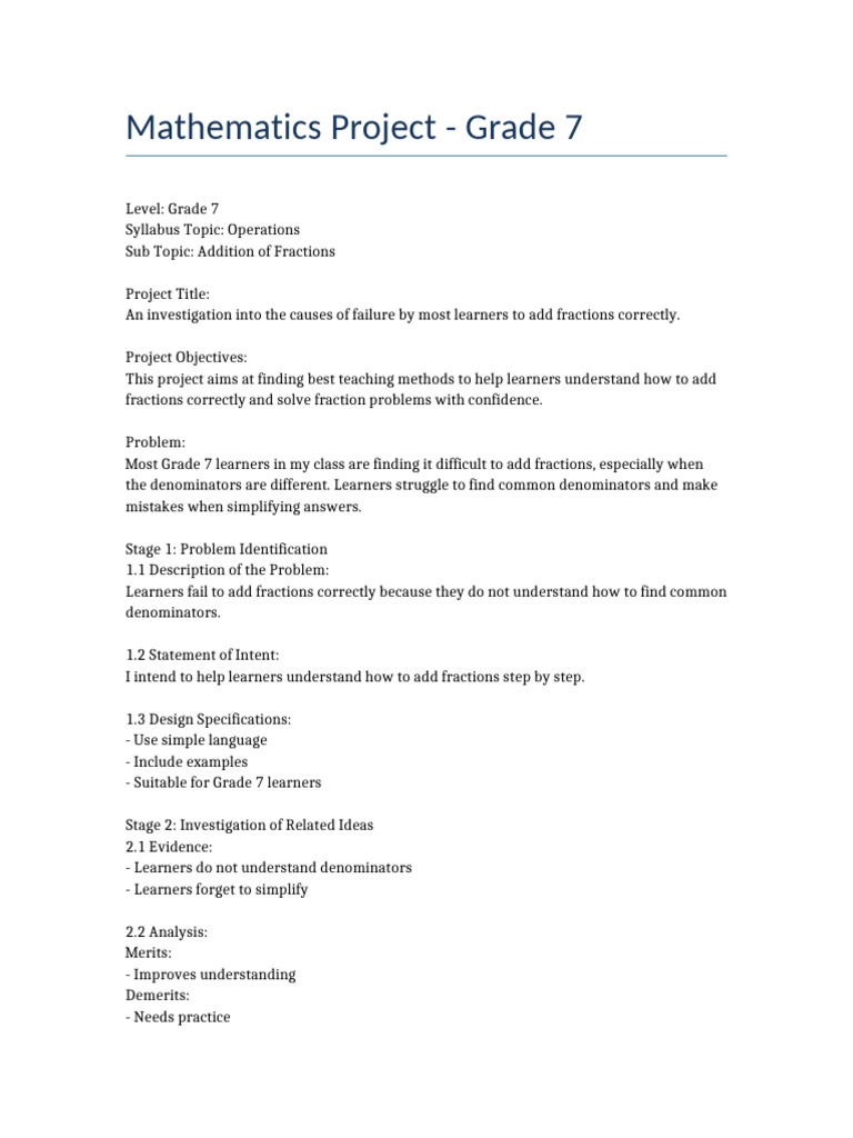 Grade7 Math Project Fractions-1 | PDF