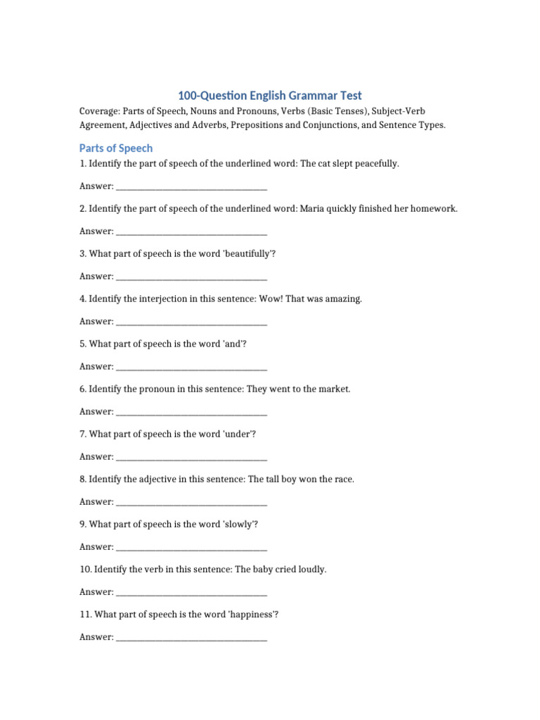 100 Question English Grammar Test | PDF | Part Of Speech | Adverb