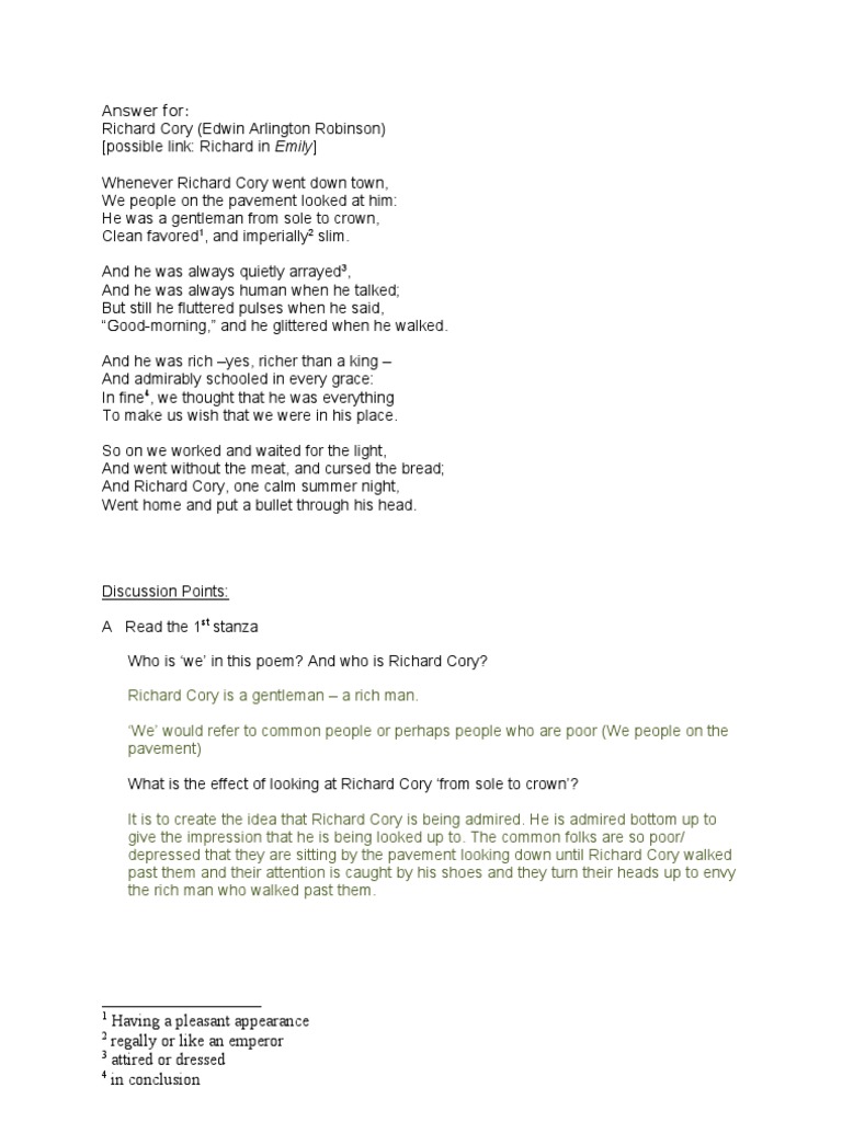 Answer For Richard Cory | PDF | Poetry