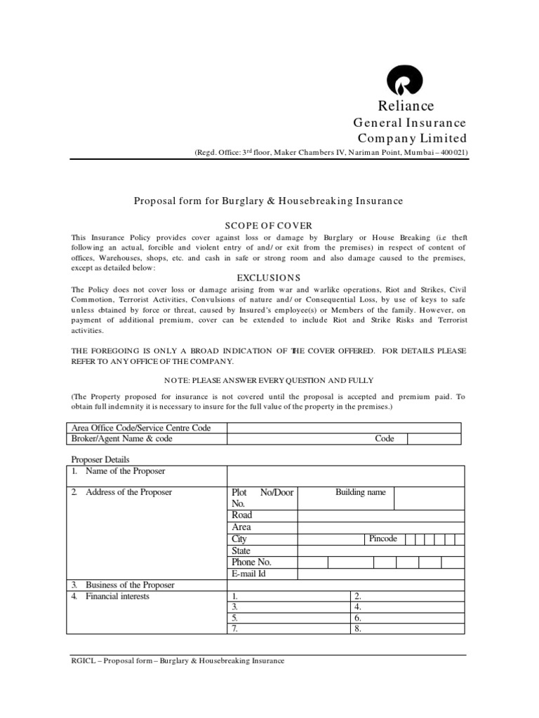 Proposal Form For Burglary Insurance | PDF | Burglary | Insurance Proposal Form For Burglary Insurance | PDF | Burglary | Insurance