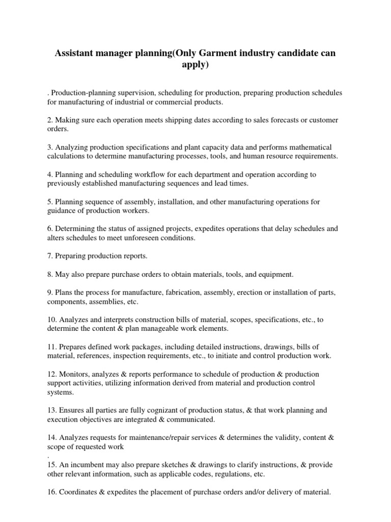 Assistant Manager Planning | PDF | Scheduling (Production Processes ...