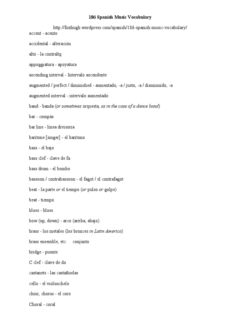186 Spanish Music Vocabulary | PDF | Intervalo (música) | Modo (música)