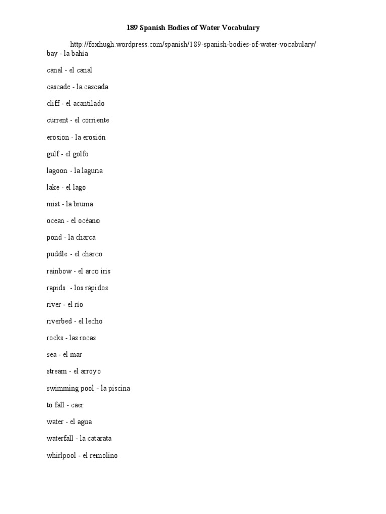 189 Spanish Bodies of Water Vocabulary | PDF