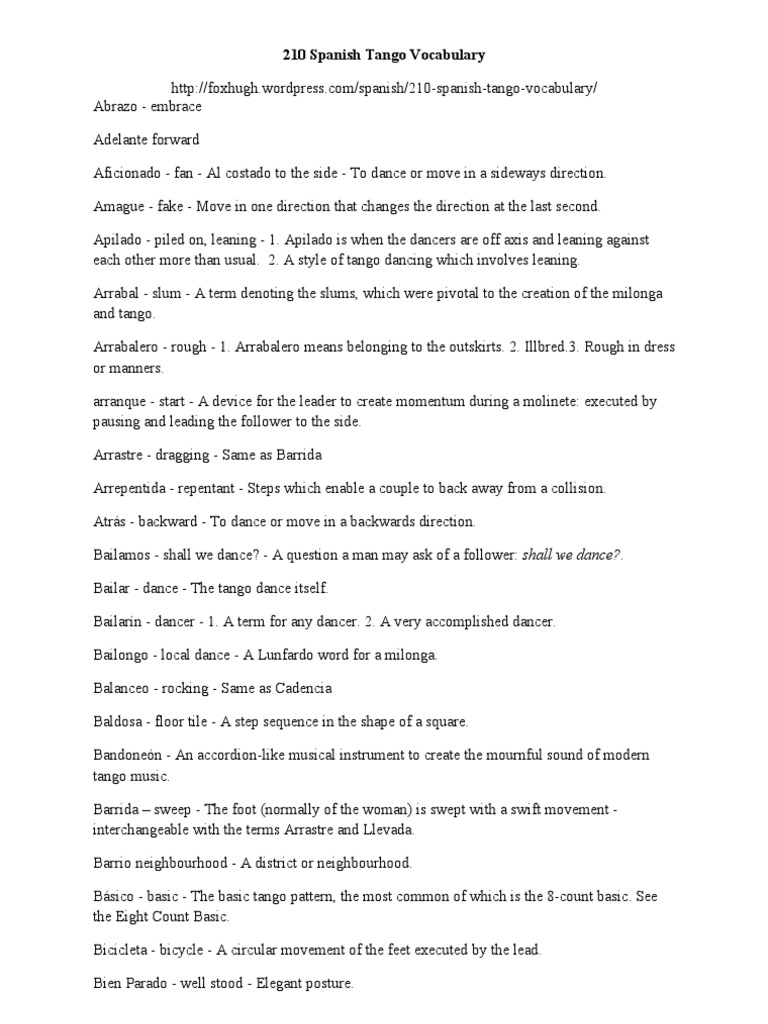 Spanish Tango Vocabulary Guide | PDF | Tango | Uruguayan Music