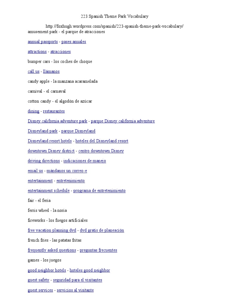 223 Spanish Theme Park Vocabulary | PDF