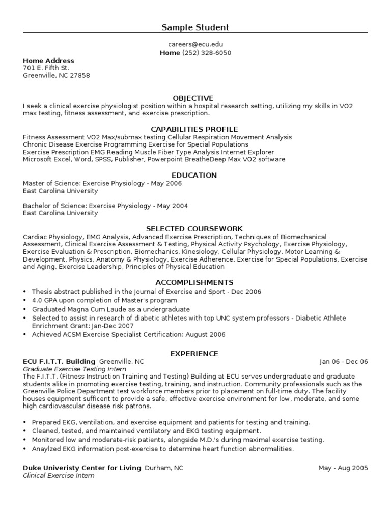Exercise Physiologist Sample Resume | PDF | Physical Exercise | Health Care
