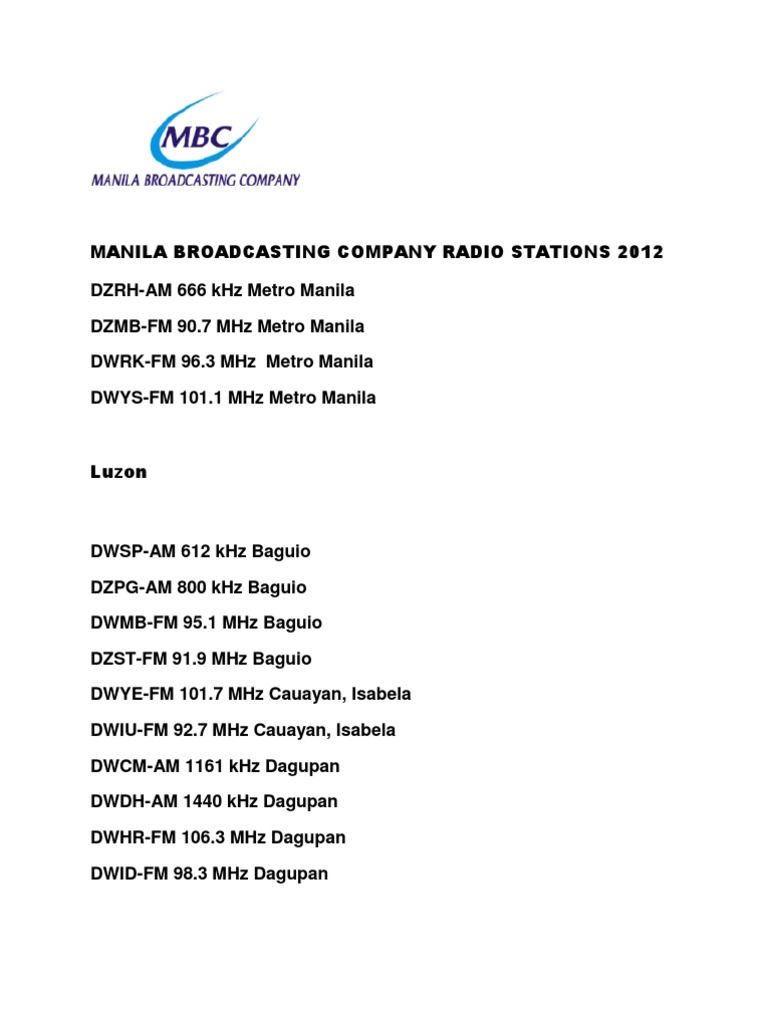 Manila Broadcasting Company Radio and TV Stations 2012 | PDF | Mindanao ...