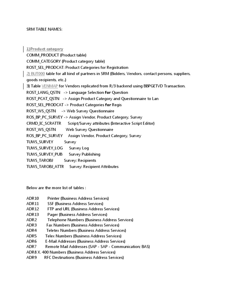 SRM Table Names | Download Free PDF | Email | Computer Data