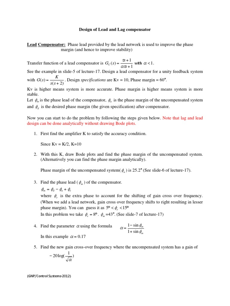 Lead and Lag Compensator Design Guide | PDF | Systems Theory ...