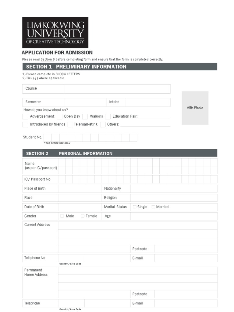 Section 1 Preliminary Information: Application For Admission | PDF ...