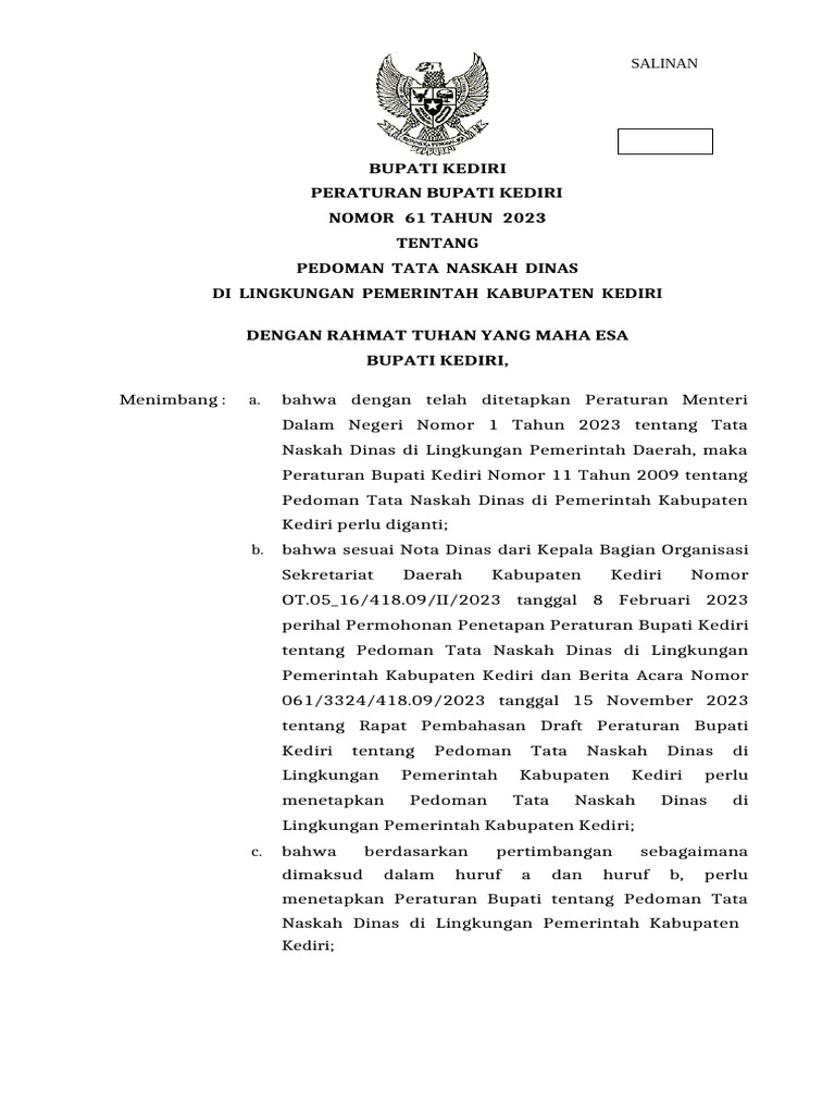 Perbup Nomor 61 Tahun 2023 Tentang Tata Naskah Dinas (2) (1) | PDF
