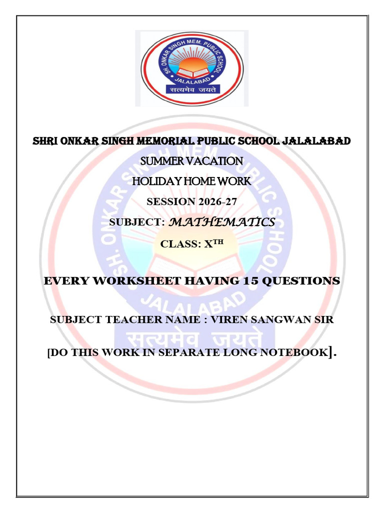 Summer Vacation Holiday Homework Class 10th | PDF | Zero Of A Function ...