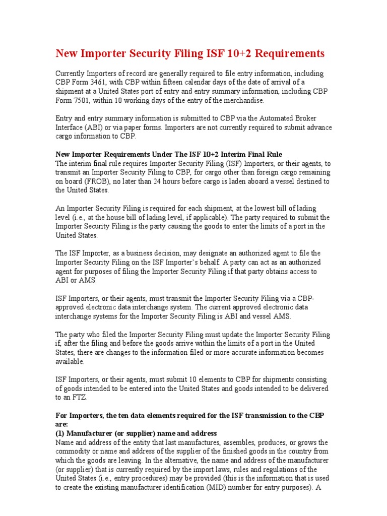 New Importer Security Filing ISF 10 | PDF | Cargo | U.S. Customs And ...