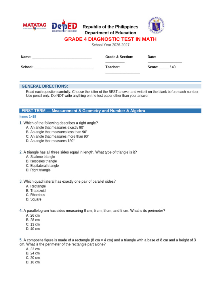 Grade4 Math Diagnostic Test | PDF | Rectangle | Triangle