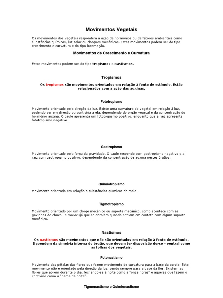 Movimentos Vegetais | PDF | Plantas | Auxinas