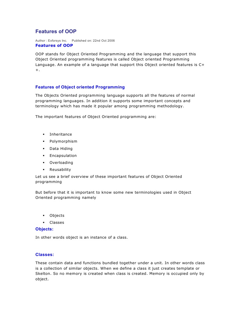 Features of OOP | PDF | Object (Computer Science) | Object Oriented Programming
