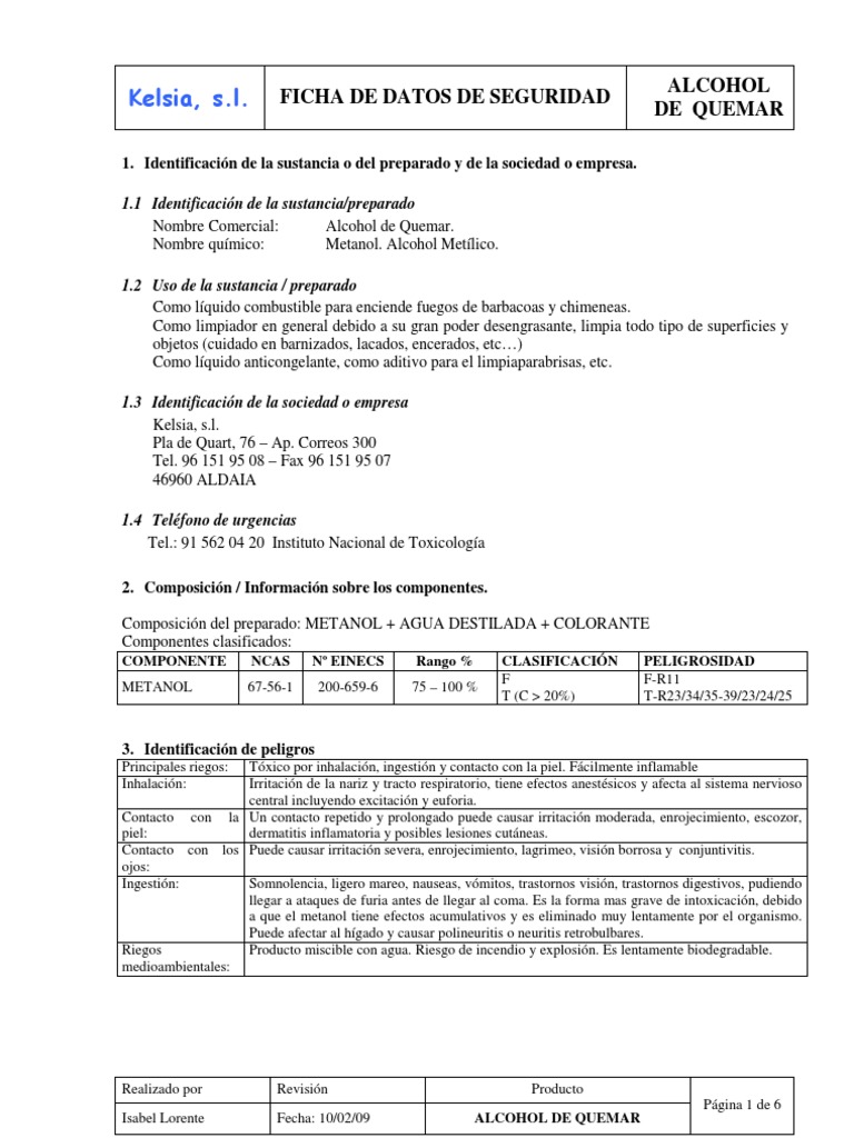 16 - ALCOHOL DE QUEMAR Ficha de Seguridad 3 Ed. | PDF | Compuesto orgánico volátil | Metanol