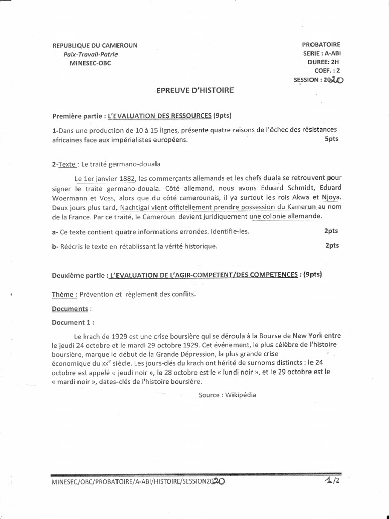 Orniformation Épreuve Histoire Prob a ABI Session 2020 (1) | PDF