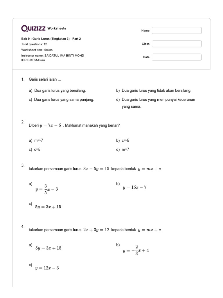 Bab 9 _ Garis Lurus (Tingkatan 3) - Part 2 _ Quizizz2 | PDF