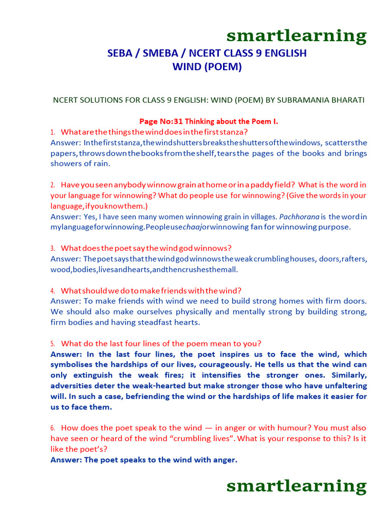 Class 9 English Beehive Ch 4 Wind (Poem) | PDF | Wound | Weather Events
