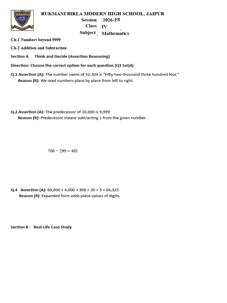 Revision worksheet class 4 (1) | PDF | Arithmetic