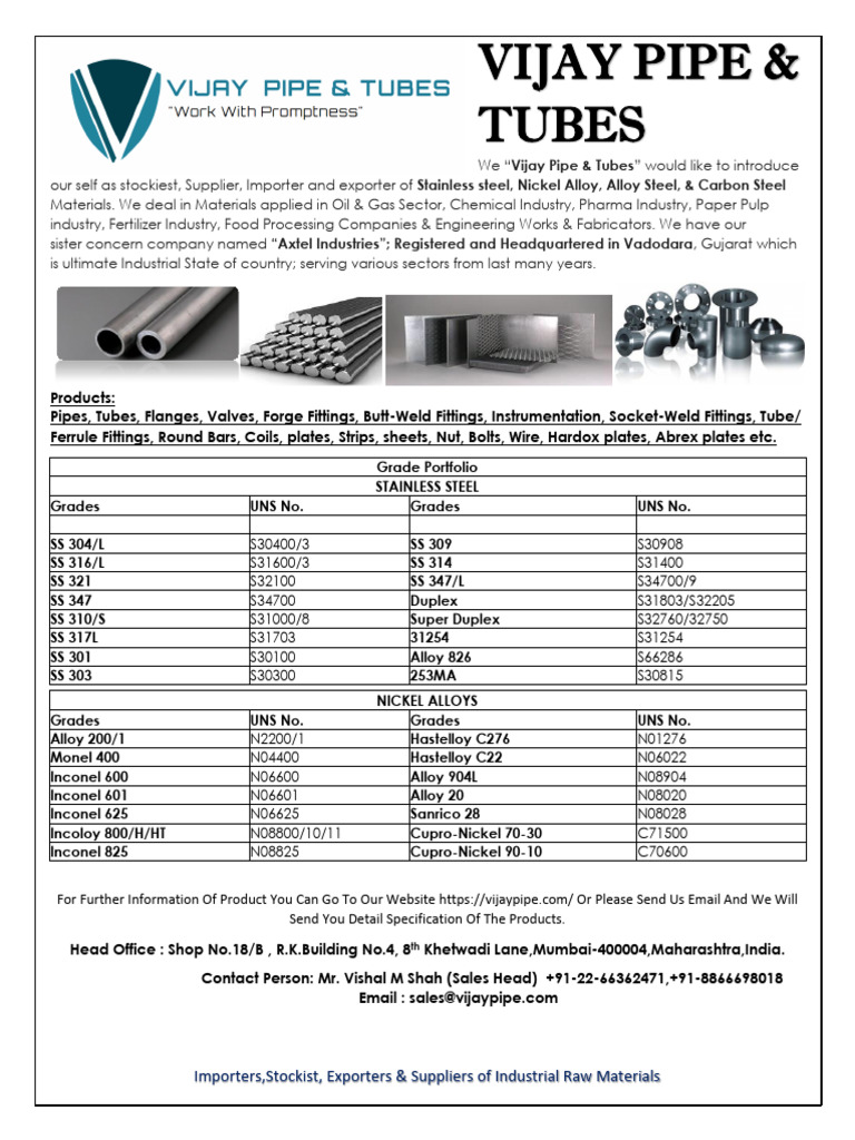 VIJAY PIPE - Grade Portfolio | PDF | Stainless Steel | Steel