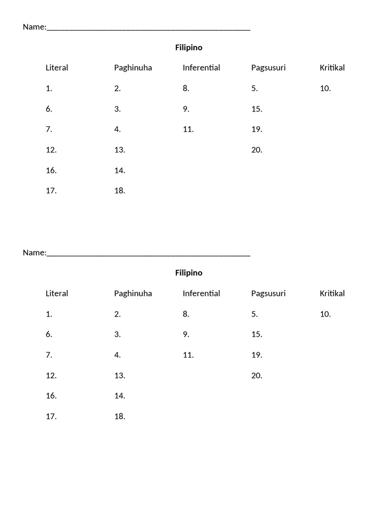 Filipino Answer Sheet in Phil Iri | PDF