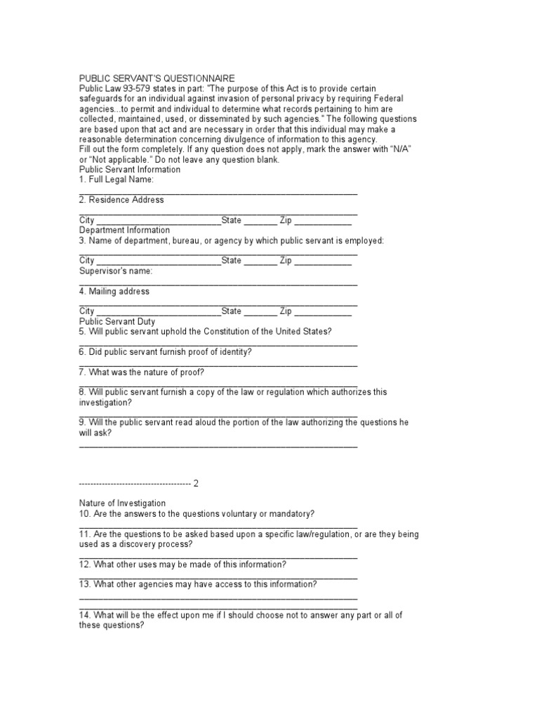 Public Servant's Questionnaire | PDF | Civil Service | Oath Of Office