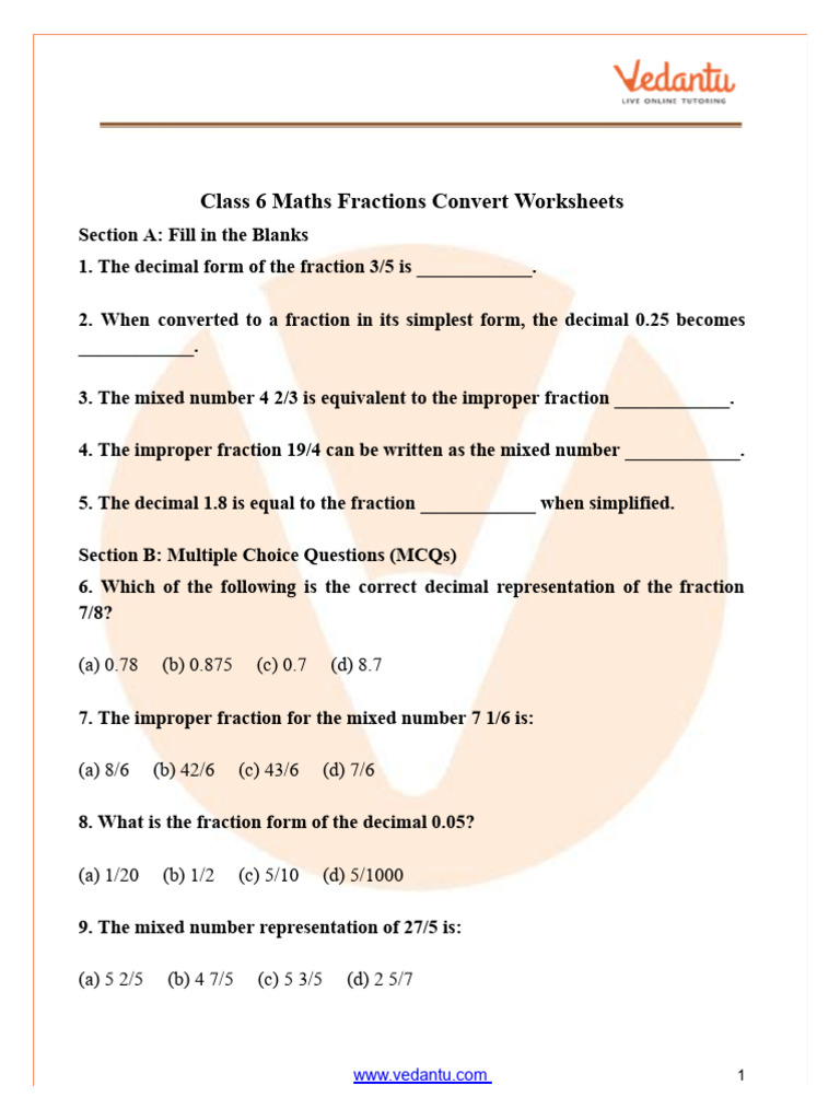 Class 6 Maths Fractions Convert Worksheet – Free PDF Practice (1) | PDF ...